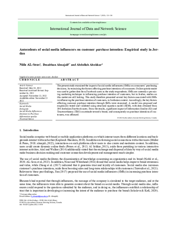 (PDF) Antecedents of social media influencers on customer purchase intention: Empirical study in ...