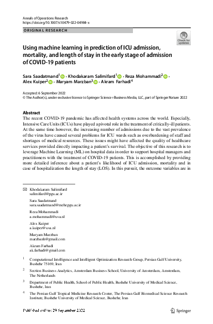 (PDF) Using machine learning in prediction of ICU admission, mortality, and length of stay in ...