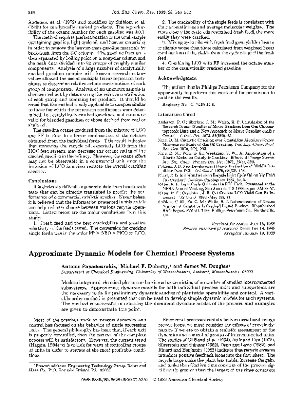 Pdf Approximate Dynamic Models For Chemical Process Systems