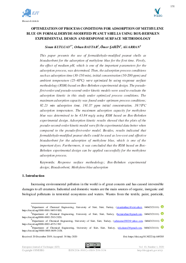 (PDF) Optimization of Process Conditions for Adsorption of Methylene Blue on Formaldehyde ...