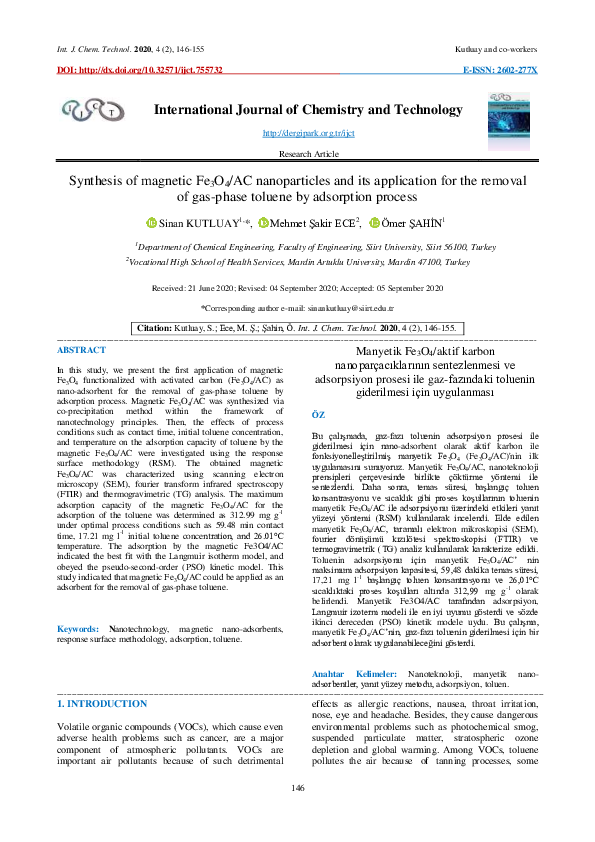 Synthesis of magnetic Fe3O4/AC nanoparticles and its application for the removal of gas-phase ...