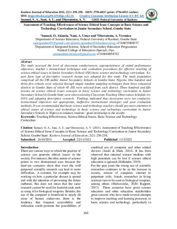 (PDF) Assessment of Teaching Effectiveness of Science Ethical Issue ...