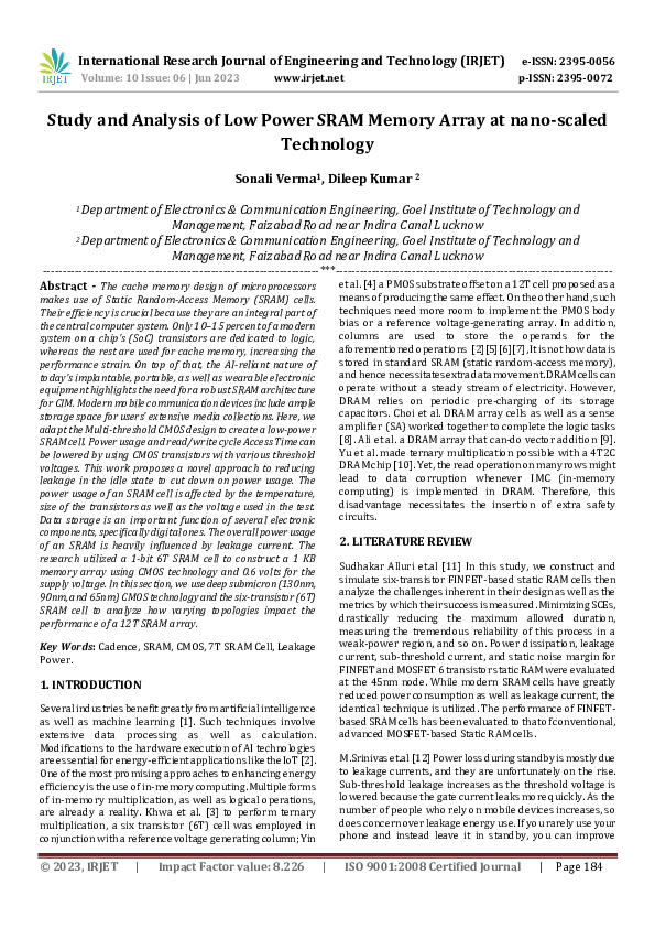 (PDF) Study and Analysis of Low Power SRAM Memory Array at nano-scaled Technology