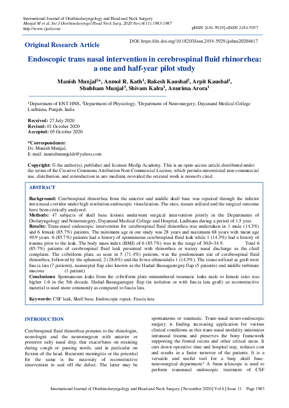 (PDF) Endoscopic trans nasal intervention in cerebrospinal fluid ...
