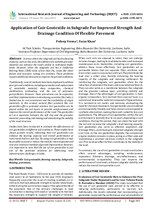 Pdf Application Of Coir Geotextile In Subgrade For Improved Strength And Drainage Condition Of