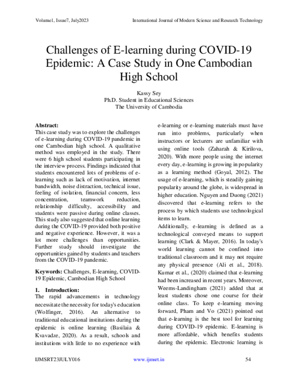 (PDF) Challenges of E-learning during COVID-19 Epidemic: A Case Study in One Cambodian High School