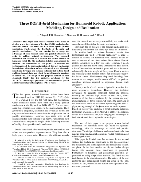 (PDF) Three DOF hybrid mechanism for humanoid robotic application: Modeling, design and realization