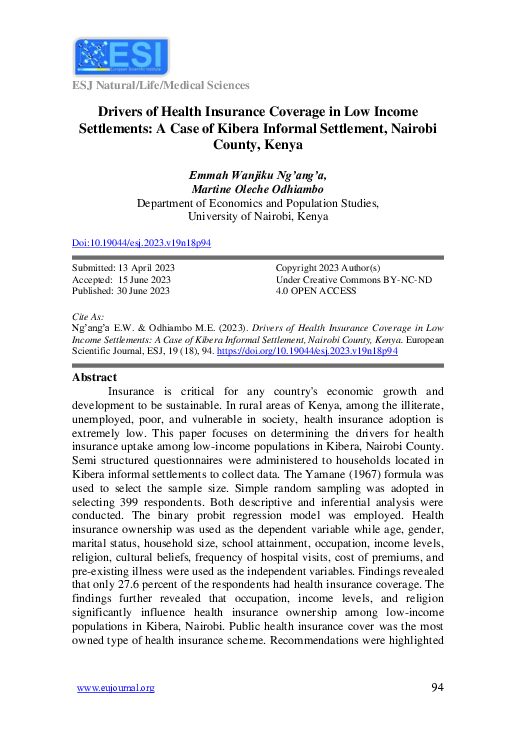 (PDF) Drivers of Health Insurance Coverage in Low Income Settlements: A ...