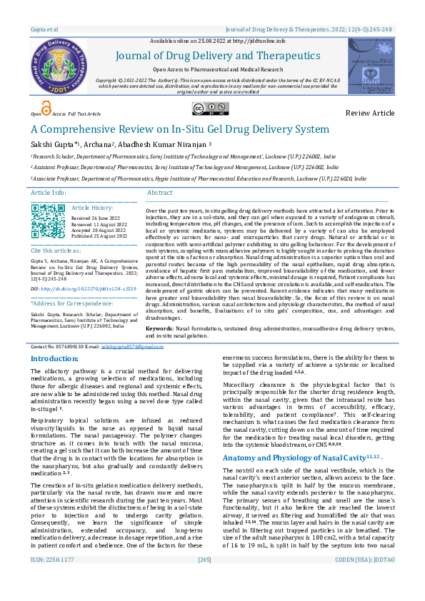 (PDF) A Comprehensive Review on In-Situ Gel Drug Delivery System
