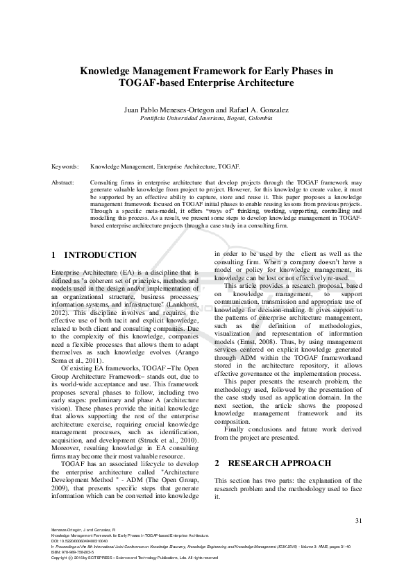 Pdf Knowledge Management Framework For Early Phases In Togaf Based Enterprise Architecture