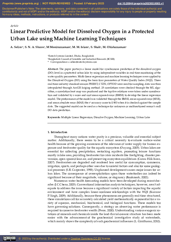 (PDF) Linear Predictive Model for Dissolved Oxygen in a Protected Urban Lake using Machine ...