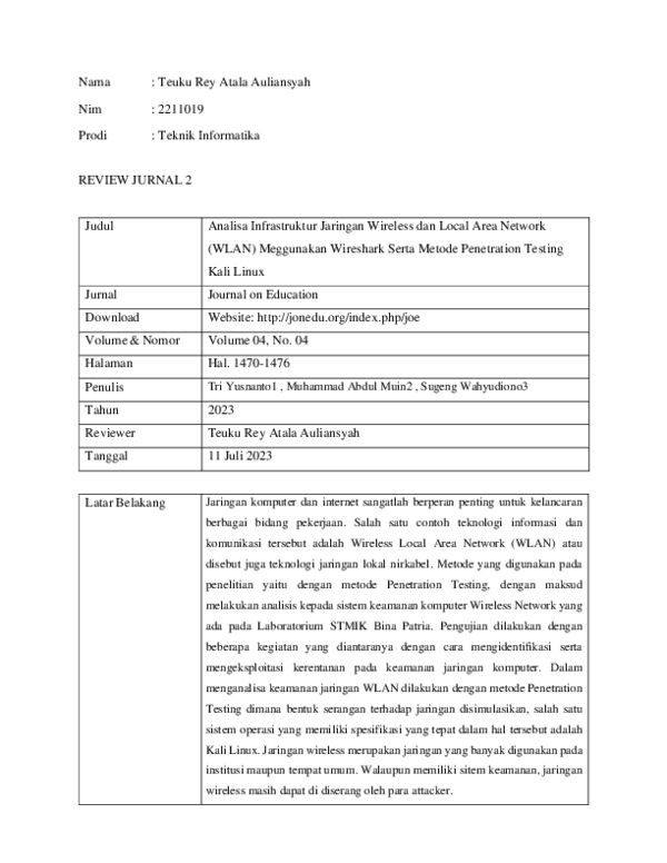 Pdf Review Jurnal Analisa Infrastruktur Jaringan Wireless Dan Local Area Network Wlan