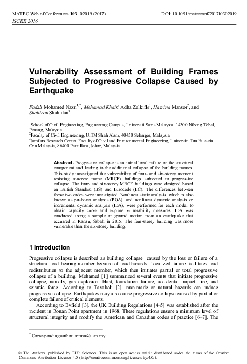 (PDF) Vulnerability Assessment of Building Frames Subjected to Progressive Collapse Caused by ...