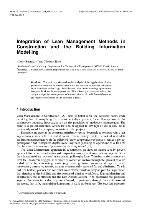 (PDF) Integration of Lean Management Methods in Construction and the ...