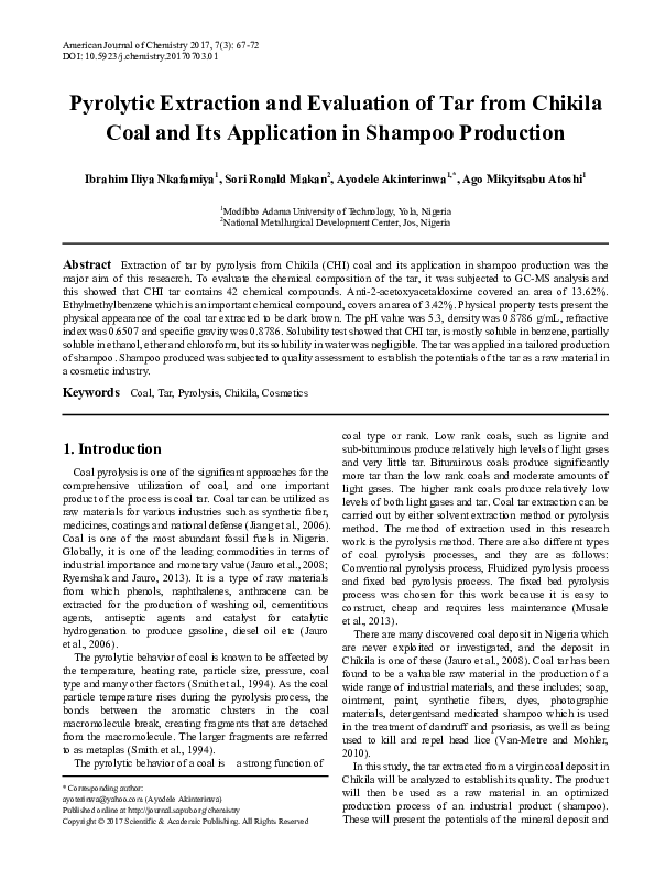 (PDF) Pyrolytic Extraction and Evaluation of Tar from Chikila Coal and ...