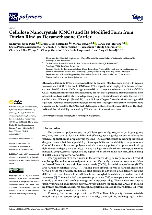 (PDF) Cellulose Nanocrystals (CNCs) and Its Modified Form from Durian Rind as Dexamethasone Carrier