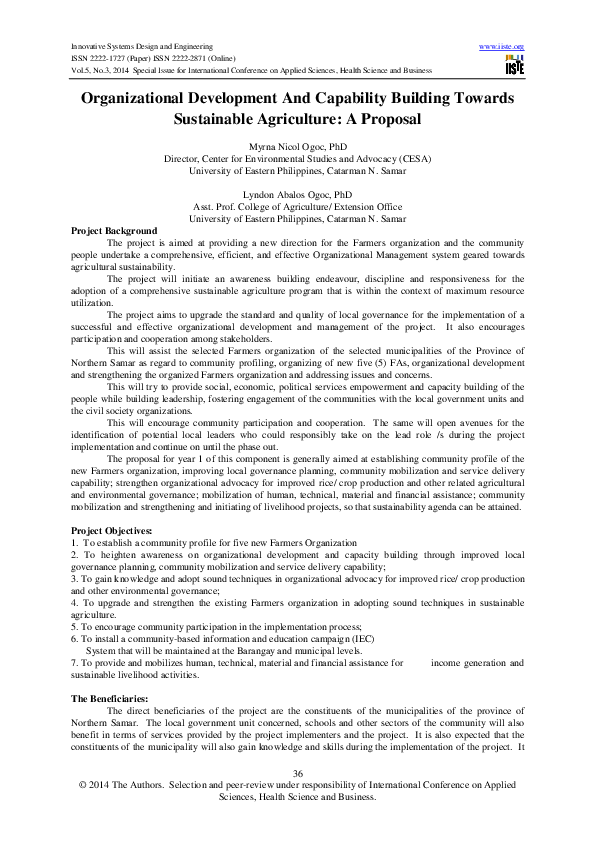 (PDF) Organizational Development And Capability Building Towards Sustainable Agriculture: A Proposal