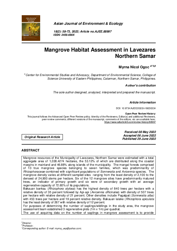 (PDF) Mangrove Habitat Assessment in Lavezares Northern Samar
