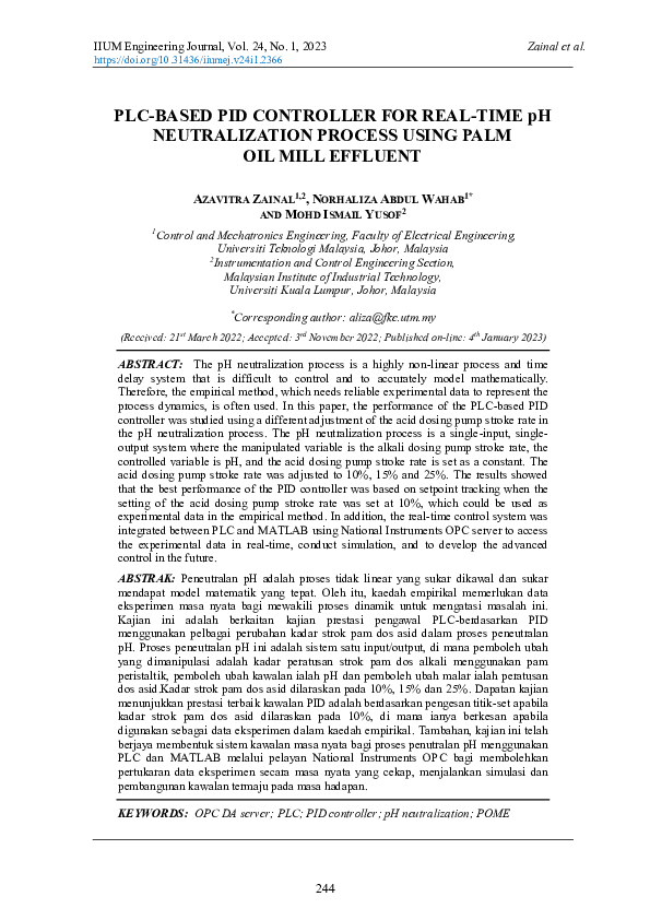 (PDF) PLC-based PID controller for real-time pH neutralization process using Palm Oil Mill Effluent