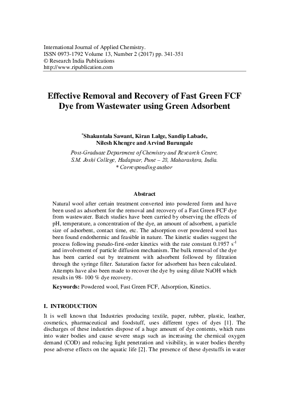 (PDF) Effective Removal and Recovery of Fast Green FCF Dye from ...