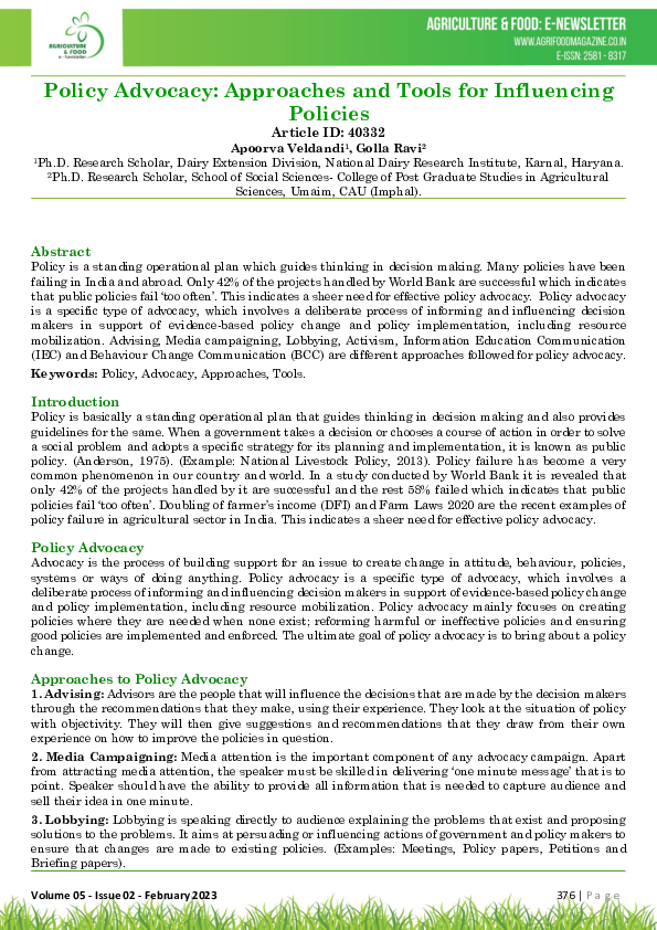 (PDF) Policy Advocacy: Approaches and Tools for Influencing Policies ...