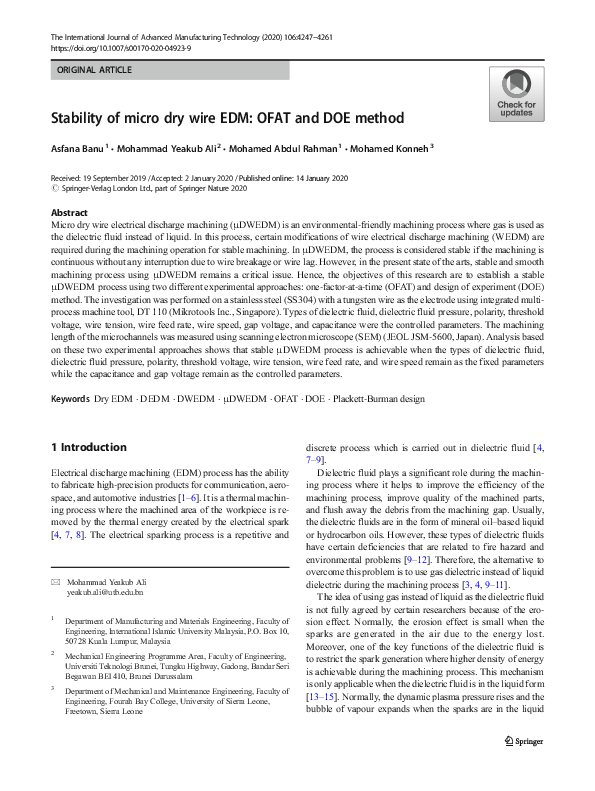 (PDF) Stability of micro dry wire EDM: OFAT and DOE method
