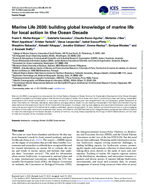 (PDF) Marine Life 2030: building global knowledge of marine life for ...
