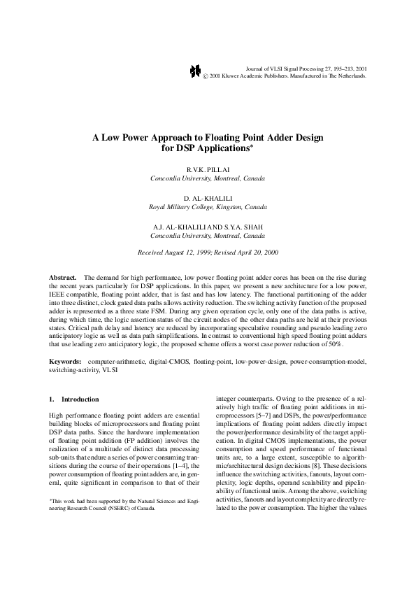 (PDF) A Low Power Approach to Floating Point Adder Design for DSP Applications | Dhamin Al ...