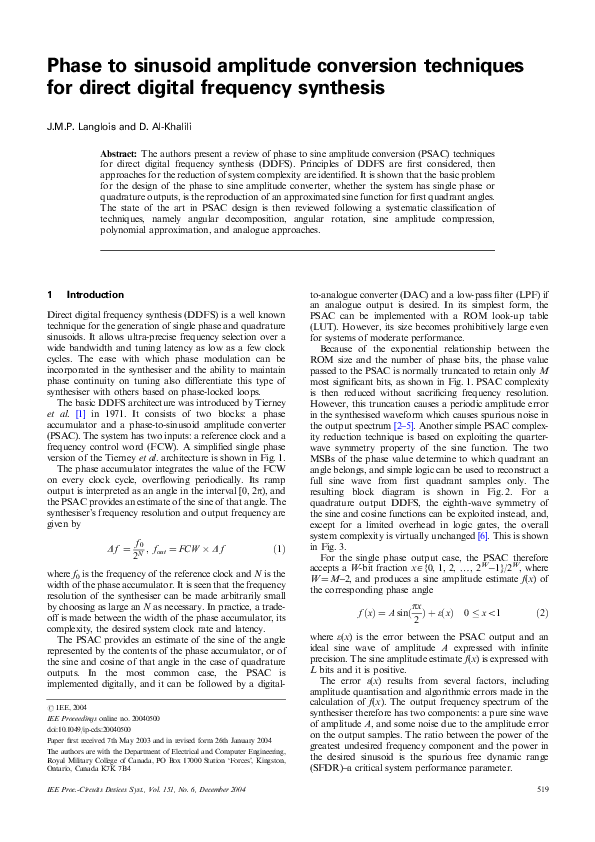 (PDF) Phase to sinusoid amplitude conversion techniques for direct ...