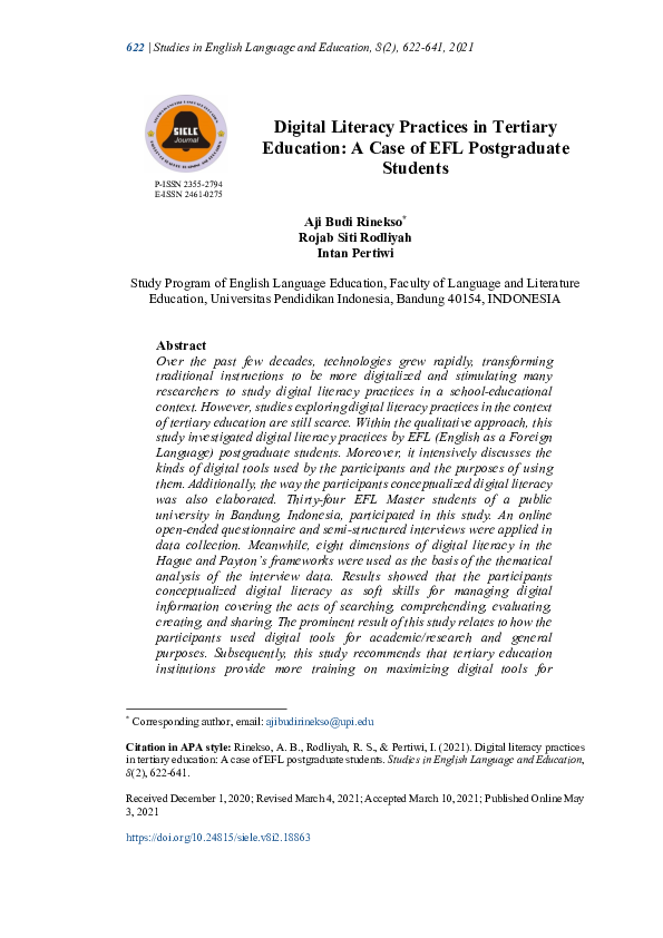 (PDF) Digital literacy practices in tertiary education: A case of EFL postgraduate students