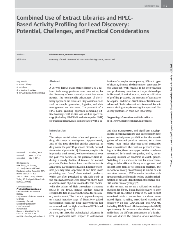 (PDF) Combined use of extract libraries and HPLC-based activity profiling for lead discovery ...