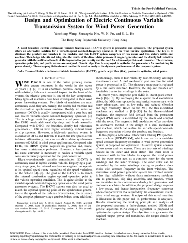 (PDF) Design and Optimization of Electric Continuous Variable Transmission System for Wind Power ...