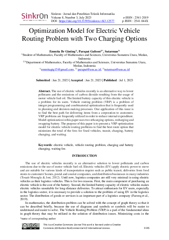 Pdf Optimization Model For Electric Vehicle Routing Problem With Two Charging Options