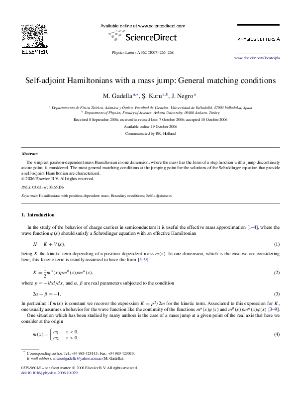 Pdf Self Adjoint Hamiltonians With A Mass Jump General Matching Conditions