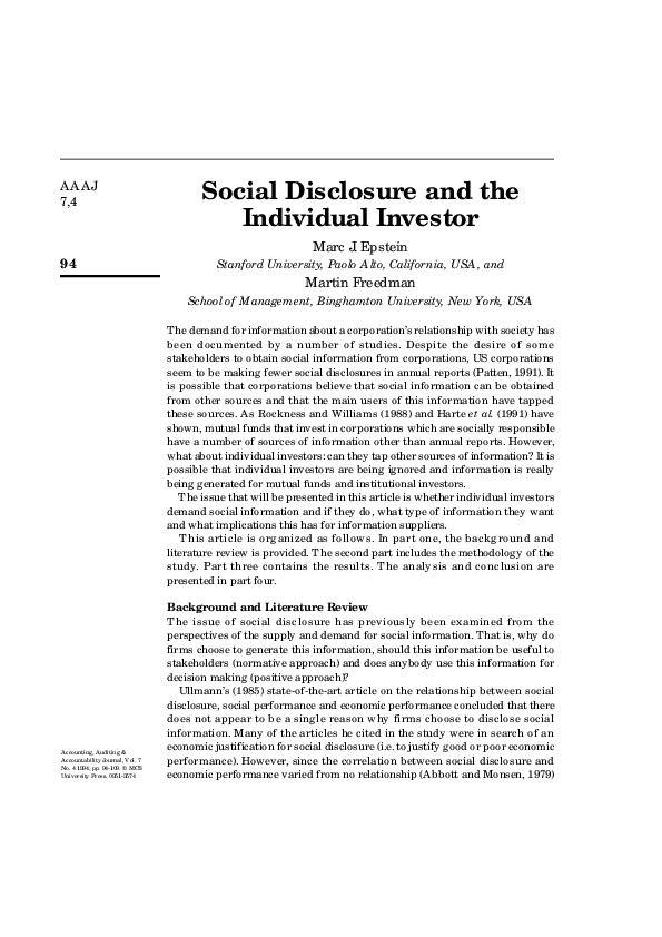 (PDF) Social Disclosure and the Individual Investor