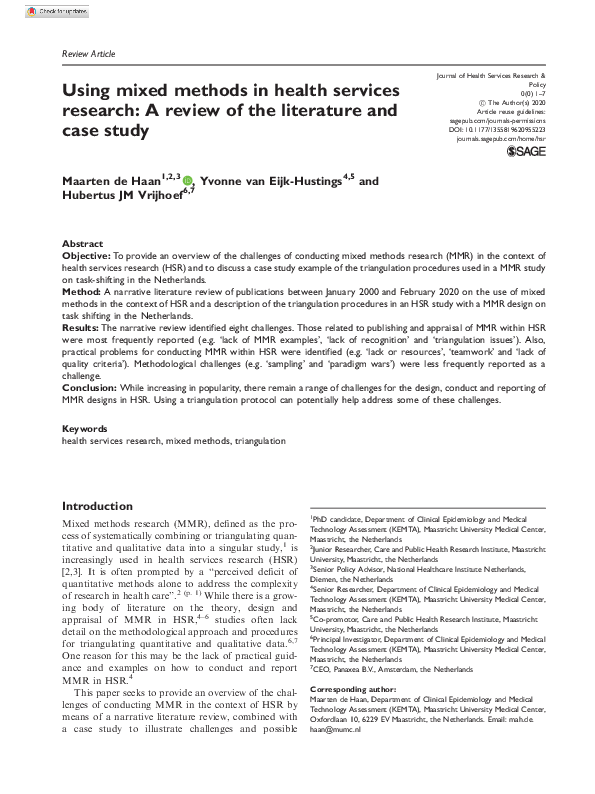 (PDF) Using mixed methods in health services research: A review of the ...
