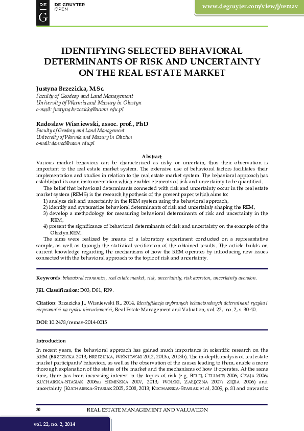(PDF) Identifying Selected Behavioral Determinants of Risk and Uncertainty on the Real Estate Market