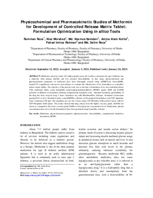 (PDF) Physicochemical and Pharmacokinetic Studies of Metformin for ...
