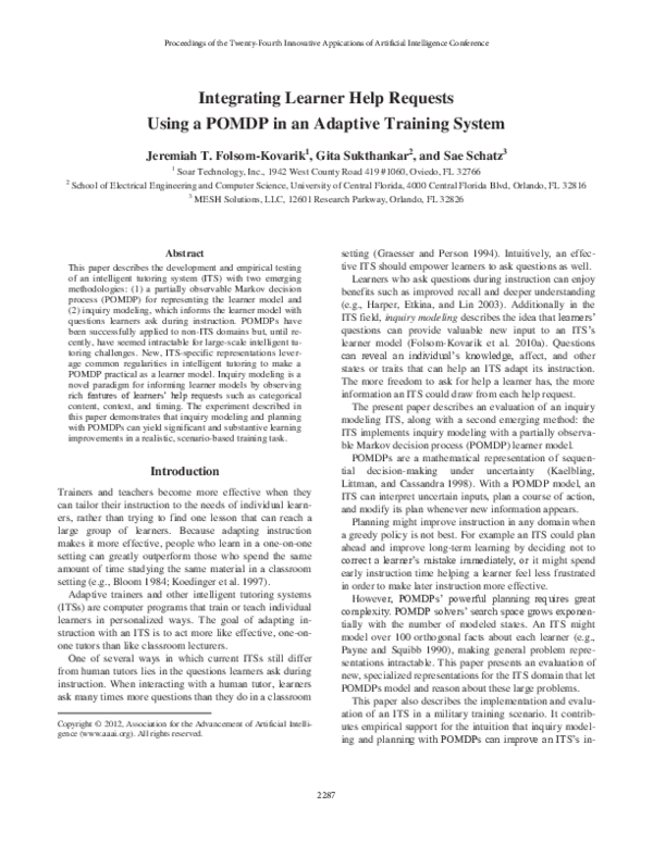 Pdf Integrating Learner Help Requests Using A Pomdp In An Adaptive Training System Gita