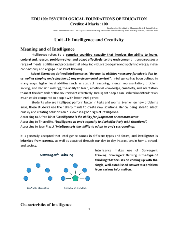 (PDF) EDU 100: Unit II: Intelligence, Creativity, Theories of Intelligence: Spearman and ...