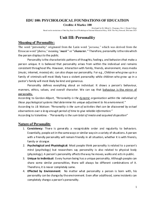 (PDF) EDU 100: Unit III Personality , Type and Trait Theories of Personality, Allport, Hans ...