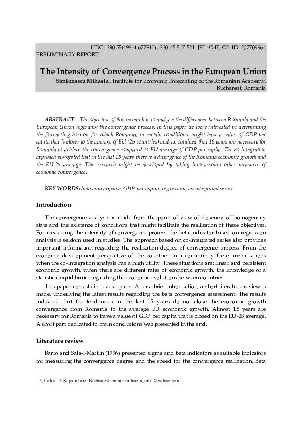(PDF) The Intensity of Convergence Process in the European Union