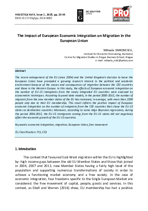 (PDF) The Impact of European Economic Integration on Migration in the ...