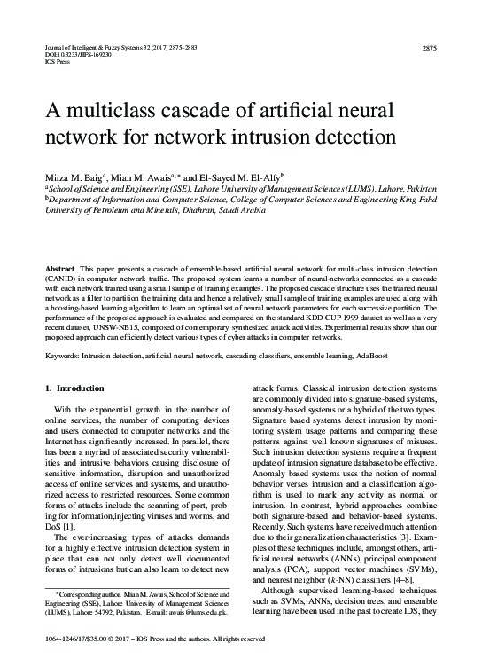 Pdf A Multiclass Cascade Of Artificial Neural Network For Network Intrusion Detection