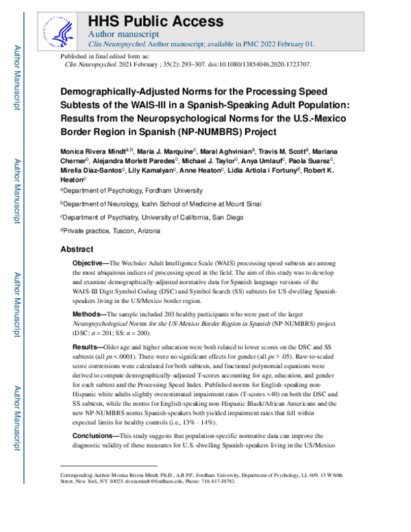 Pdf Demographically Adjusted Norms For The Processing Speed Subtests 3216