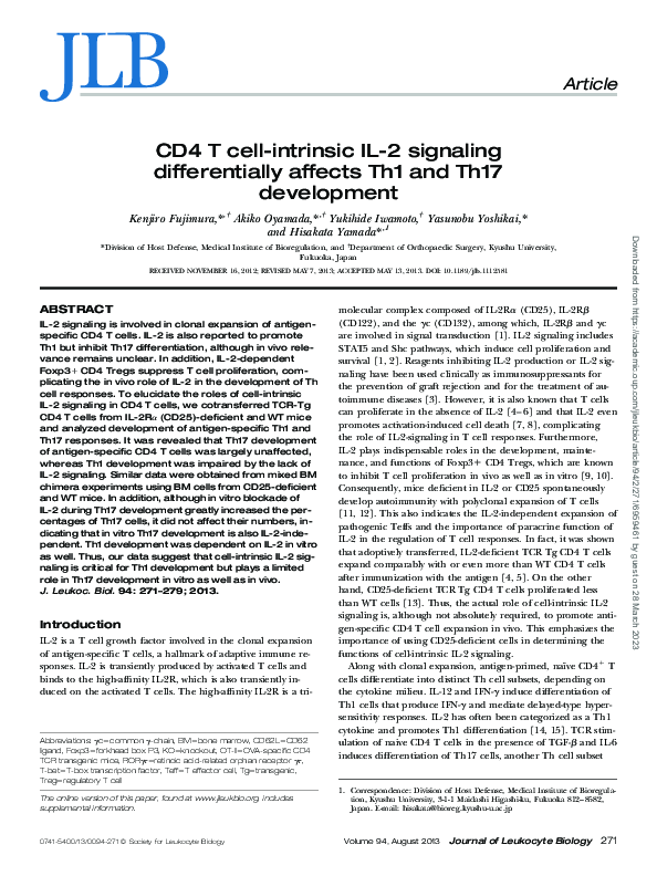 (PDF) CD4 T cell-intrinsic IL-2 signaling differentially affects Th1 ...