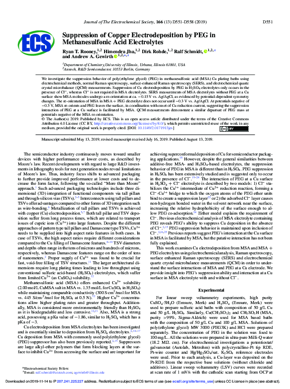 (PDF) Suppression of Copper Electrodeposition by PEG in Methanesulfonic ...