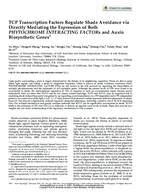 (PDF) TCP transcription factors regulate shade avoidance via directly ...