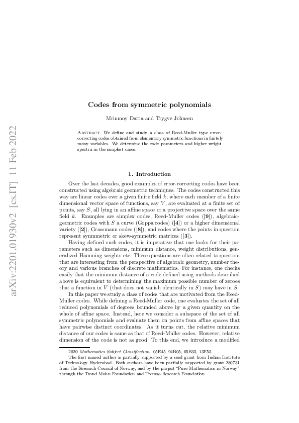 (PDF) Codes from symmetric polynomials