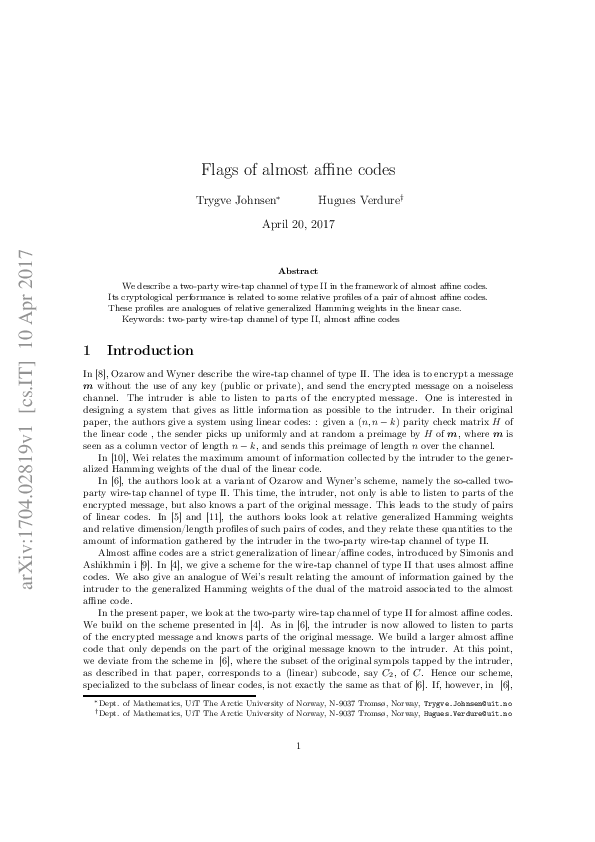 (PDF) Flags of almost affine codes and the two-party wire-tap channel of type II